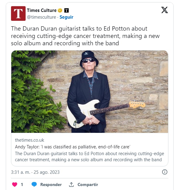 Andy Taylor, guitarrista de Duran Duran, anunció que está curado de ...